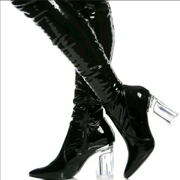 Zara | Shoes | Black Patent Over The Knees Boots Glass Heel | Poshmark